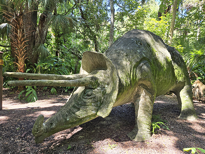 "Excuse me, do you have a moment to talk about the Cretaceous Period?" This weathered concrete dinosaur has been charming visitors since the 1940s.