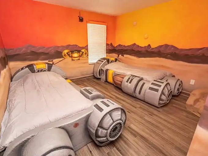These landspeeder beds transform ordinary sleep into Tatooine adventures, complete with desert sunset walls that don't require sunscreen.