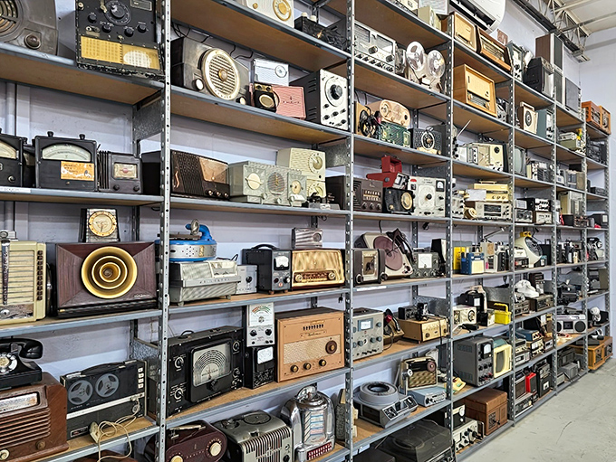 Not just a record store but a museum of sound, this wall of vintage radios charts the evolution of how we've consumed music across generations.