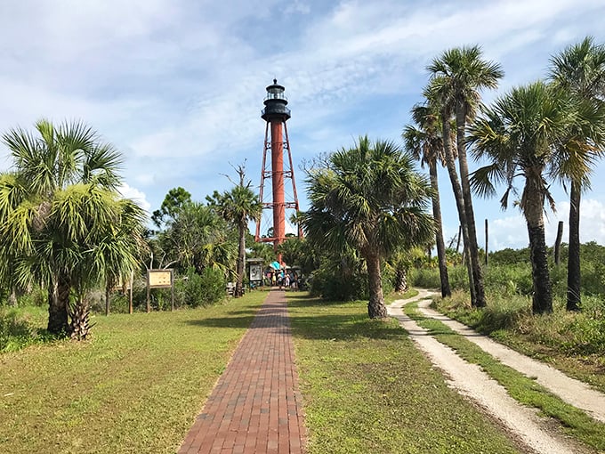 Historic guardian: The 1887 lighthouse stands tall, a rusty-orange sentinel among swaying palms.