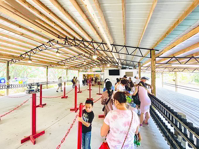 Excitement builds as visitors line up under the rustic wooden shelter, their faces showing that universal expression that says, "I can't believe I get to ride a tiny train today!"