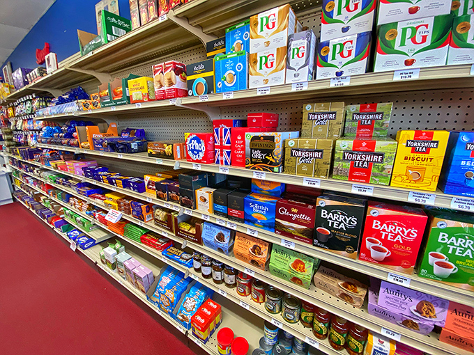 The tea aisle &ndash; a shrine to proper British cuppas with Yorkshire, PG Tips, and Twinings varieties that would make the Queen herself nod in approval.