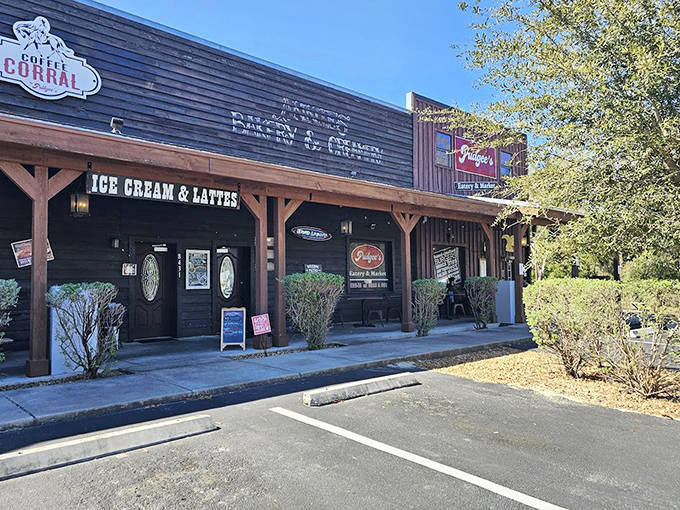 The Coffee Corral and Pudgee's share this Western-themed strip, where hungry travelers fuel up on caffeine and comfort food before hitting the road.