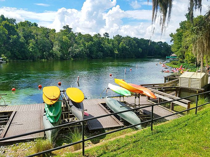 Colorful kayaks wait for adventurers at KP Hole Park, the gateway to miles of pristine floating on the spring-fed Rainbow River.