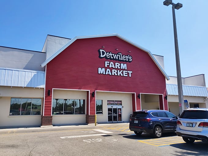 Detwiler's Farm Market's distinctive red barn design makes it an unmistakable landmark. This Sarasota gem promises farm-fresh goodness behind its welcoming doors.
