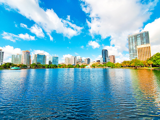 Downtown Orlando creates a stunning backdrop for Lake Eola, where urban energy meets tranquil waters in a uniquely Florida juxtaposition.