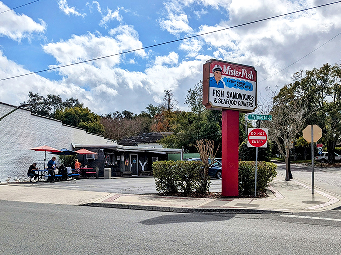 Mister Fish's vintage sign stands as a Lakeland landmark for seafood lovers. That classic roadside appeal promises no-nonsense good eating inside!