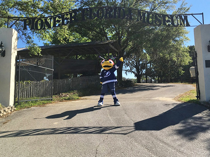 The Pioneer Florida Museum's entrance welcomes history buffs with a whimsical mascot, promising a journey back to Florida's frontier days.