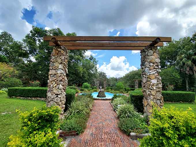 Stone arches frame views of the ravine below, where nature puts on a colorful show.