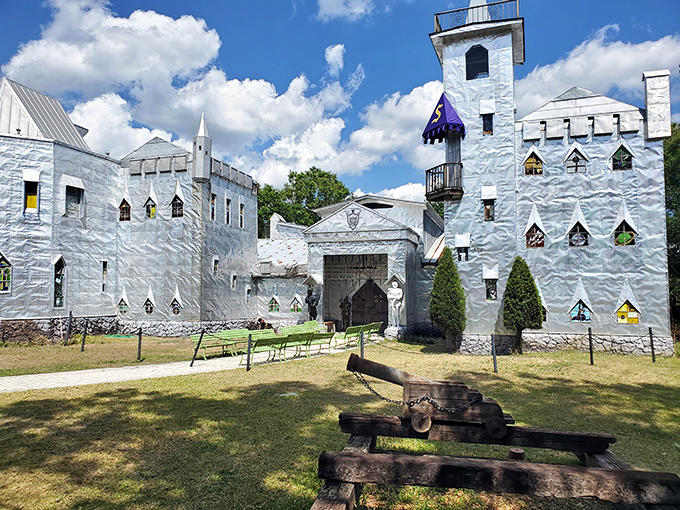 The whimsical towers and reflective surfaces of Solomon's Castle create a fairytale atmosphere, complete with colorful stained glass windows that hint at the creative treasures inside.