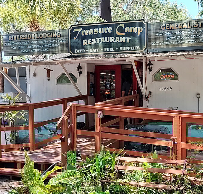 The weathered entrance to Treasure Camp combines restaurant, general store, and bait shop &ndash; a true Florida river experience in Chiefland.