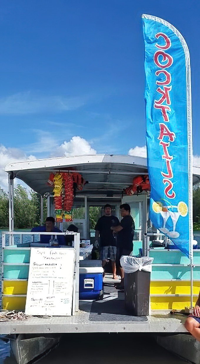 Cocktails delivered by boat &ndash; because walking to a bar is so mainland. The "refreshment vessel" brings tropical sips to sun-soaked visitors.
