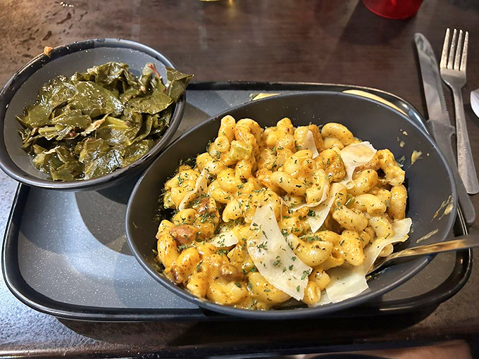 Cajun Seafood Mac elevates comfort food with a five-cheese blend, andouille sausage, and fresh seafood – it's Southern indulgence on a plate.