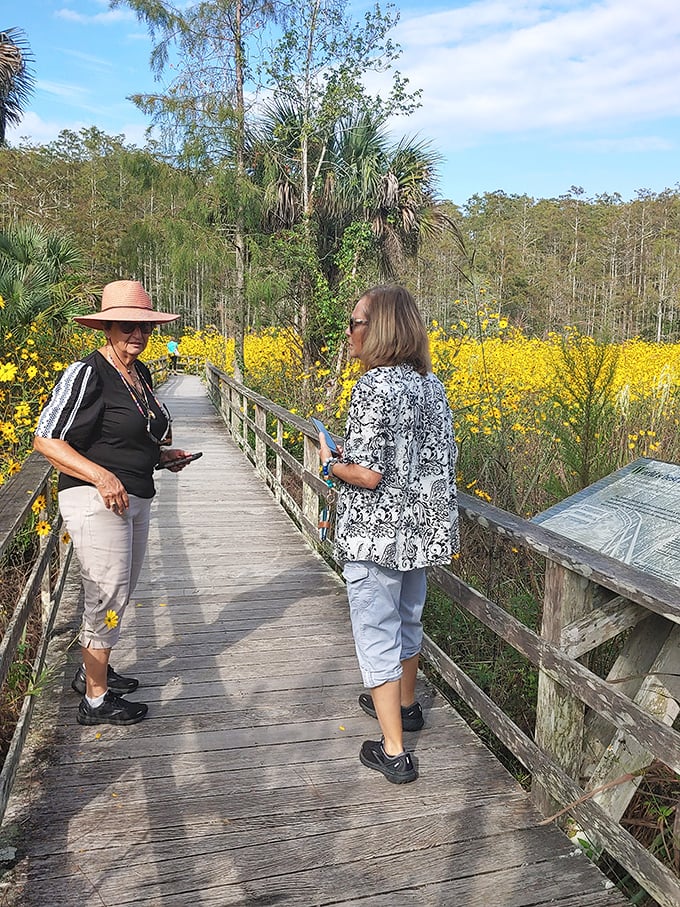 Fellow explorers share a moment on the boardwalk, where conversations flow as freely as the waters beneath their feet.