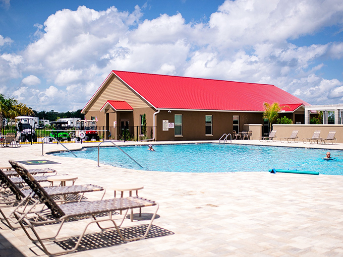 The sparkling pool area invites guests to cool off after a day of frontier-style adventures, minus the actual frontier hardships.