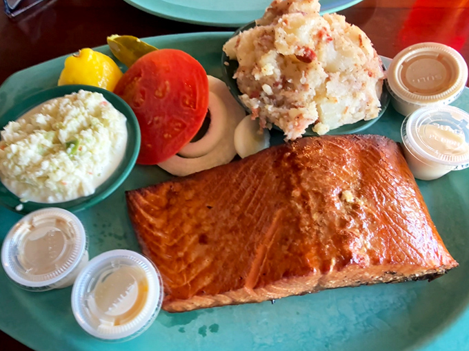 Salmon dinner that would make a grizzly bear weep with joy &ndash; perfectly smoked, flaky, and paired with that legendary potato salad.