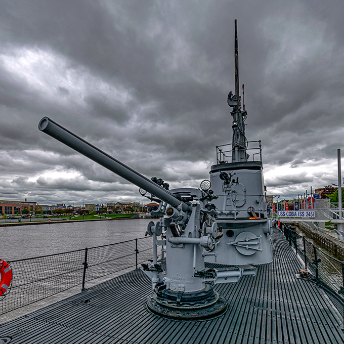The submarine's deck gun stands ready, a silent sentinel that once protected the Cobia during surface operations.