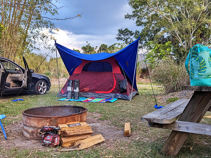 Camping nirvana: A cozy tent setup with all the essentials – including that all-important fire pit for evening s'mores operations.