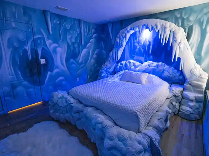 The Hoth bedroom chills with icy cave aesthetics and glowing blue accents&mdash;thankfully without the actual sub-zero temperatures or hungry Wampas.