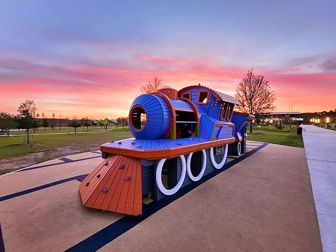 All aboard the imagination express! This vibrant blue train playground pays homage to the park's railroad history without the coal dust.