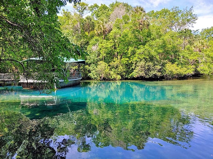 Spring-fed waters glow emerald green, creating a swimming hole that looks too beautiful to be real.
