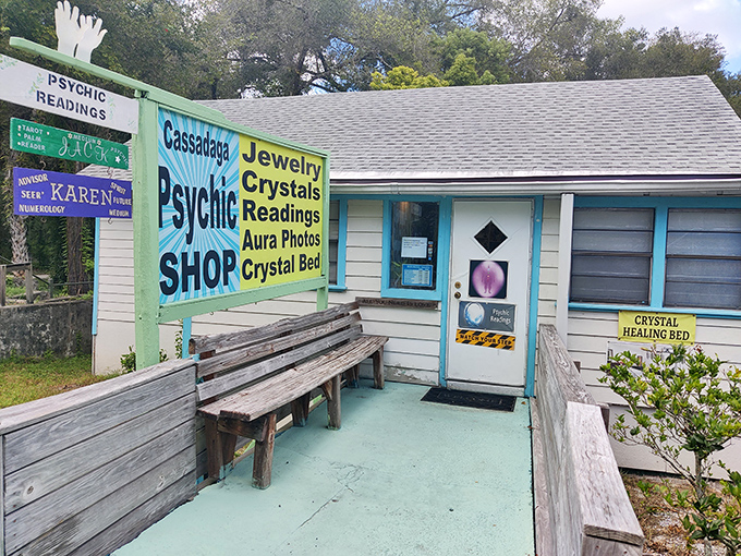 A colorful psychic shop in Cassadaga offers crystal healing, aura photography, and spiritual readings to curious visitors.