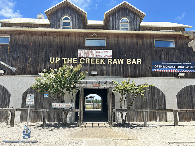 Up The Creek Raw Bar's wooden structure stands on stilts over Apalachicola waters, promising fresh oysters with unbeatable views.