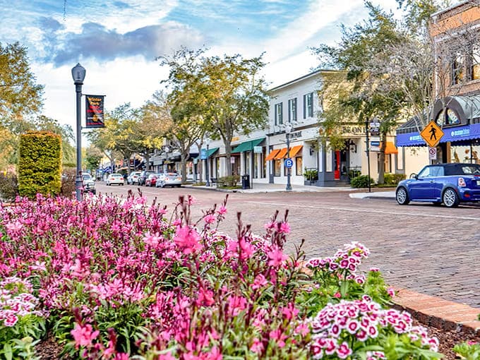 Winter Park's downtown blooms with flowers and charm, all within walking distance of the Amtrak station.