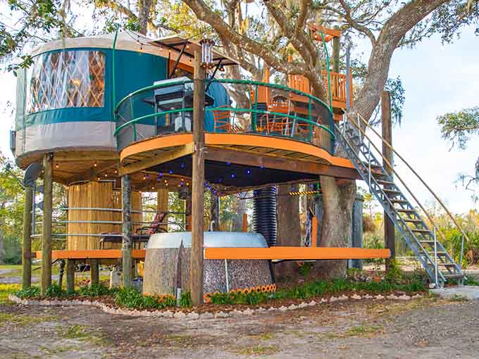 A treehouse yurt perched high above the ground makes you feel like a kid again, but with grown-up comforts included.