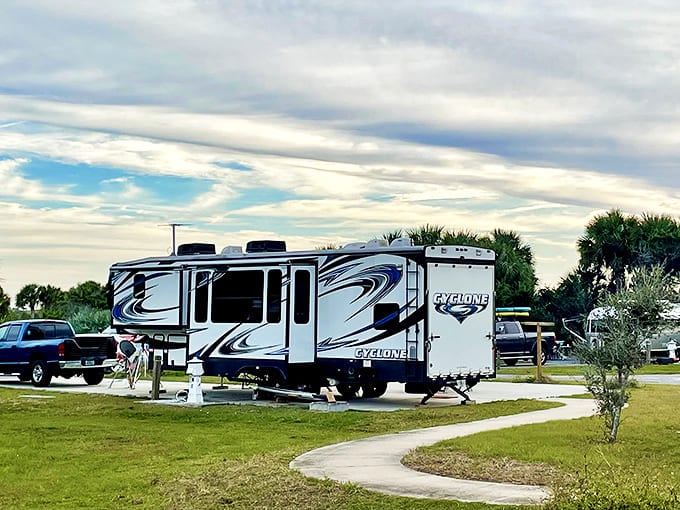 A luxury RV parked at Gamble Rogers State Recreation Area offers camping with all the comforts of home. Beachfront living on wheels!