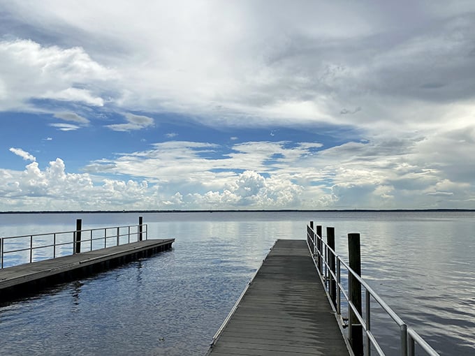 The peaceful shores of Lake Monroe invite contemplation, where tall grasses frame views of water that seems to extend forever into the horizon.