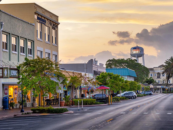 Downtown Stuart comes alive at sunset, with its charming storefronts and restaurants creating a welcoming atmosphere for evening strolls.