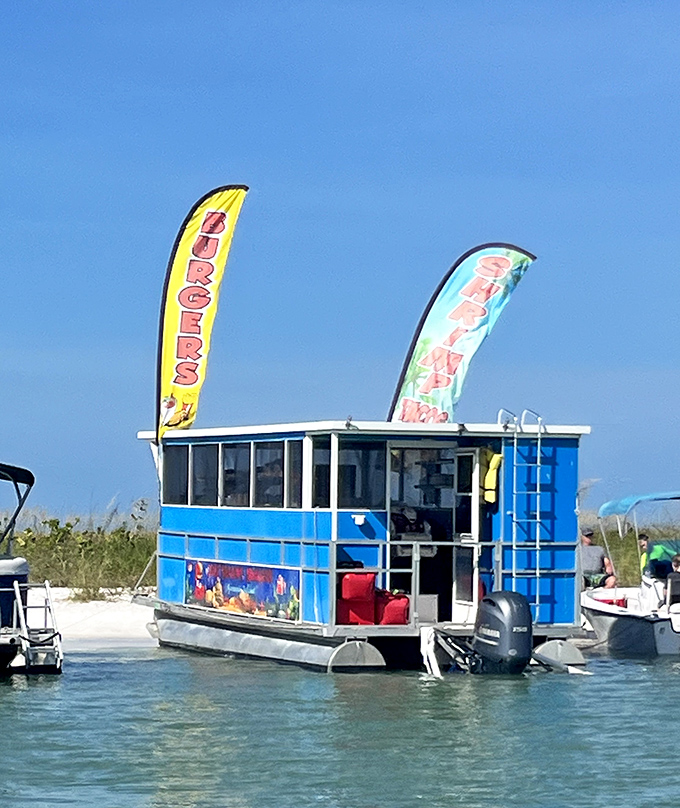 The burger and taco boat: where "fast food" means quick service, not questionable quality, and seagulls provide enthusiastic Yelp reviews.