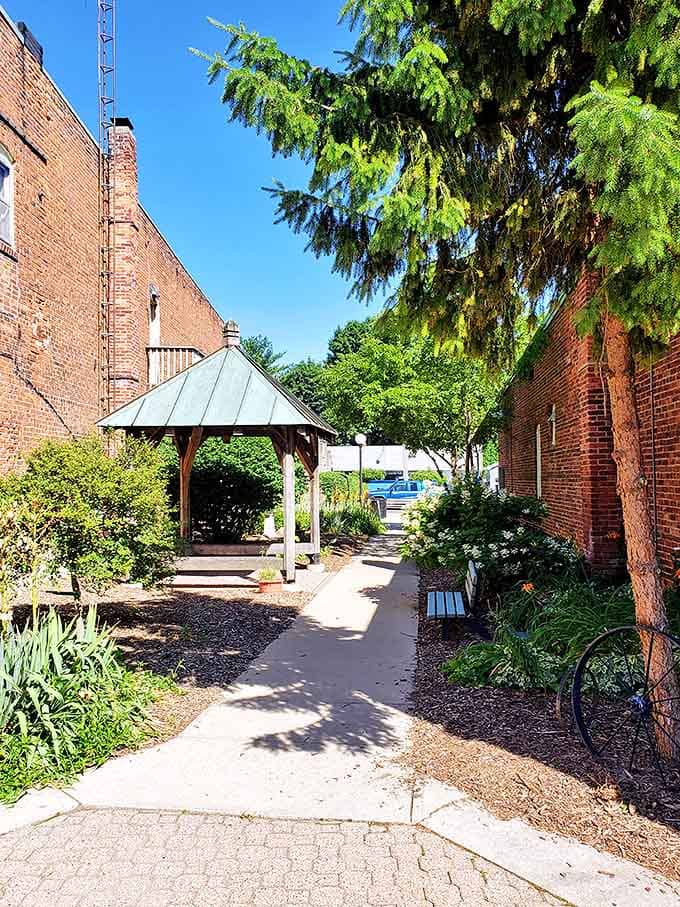 A gazebo tucked into a downtown alley feels like discovering a secret garden in the middle of everyday life.