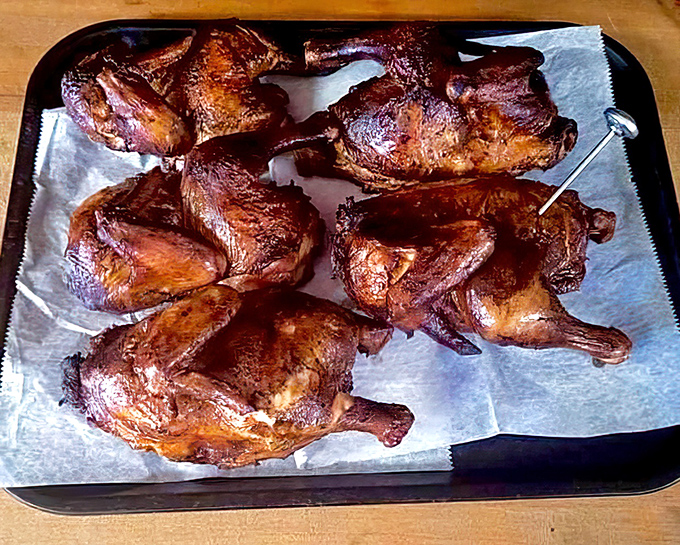 Barbecued chicken that makes you question everything you thought you knew about poultry &ndash; gloriously burnished skin hiding impossibly juicy meat beneath.