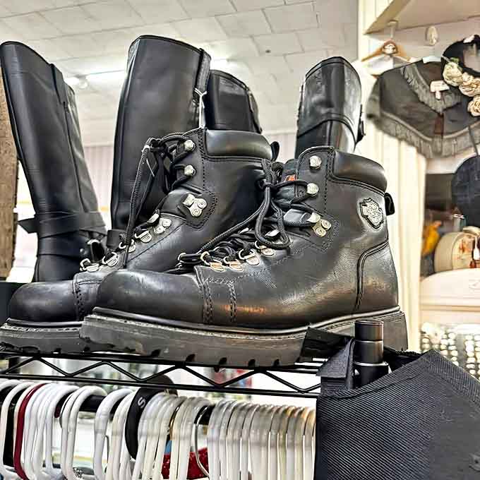 These weathered Harley boots have seen more open road than most modern motorcycles &ndash; each scuff mark a chapter in an untold adventure.