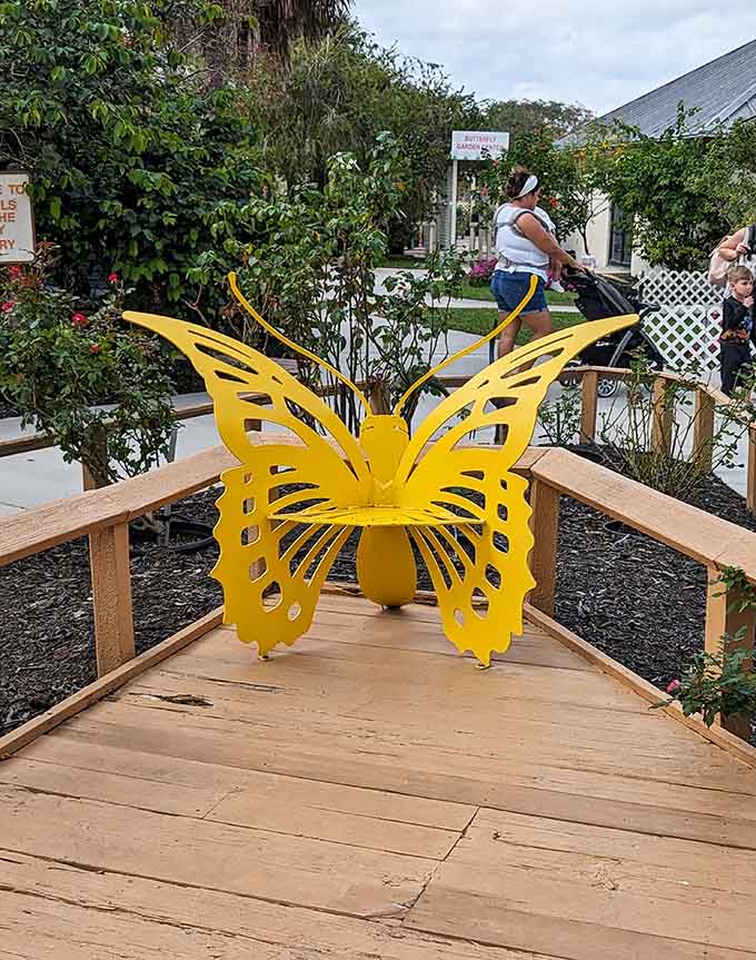 That yellow butterfly bench isn't just Instagram bait, it's where magic happens and kids become butterfly whisperers.