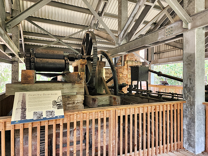 This vintage sugar mill machinery stands frozen in time, its massive gears and mechanisms telling stories of Florida's sweet industrial past.