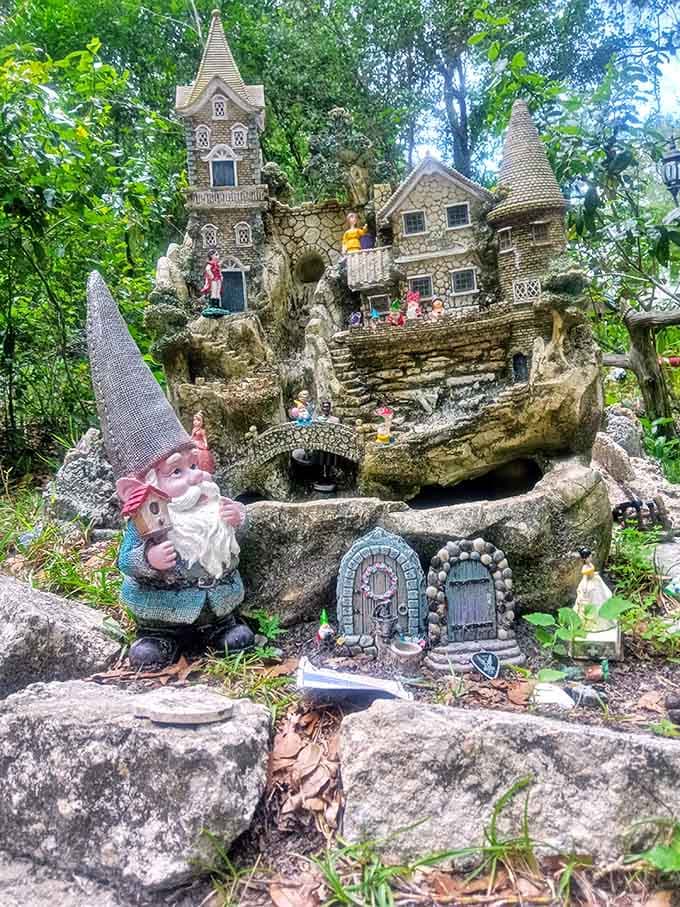 An elaborate miniature castle perched on a rock proves that fairy real estate developers have excellent taste and impressive construction skills despite their size.