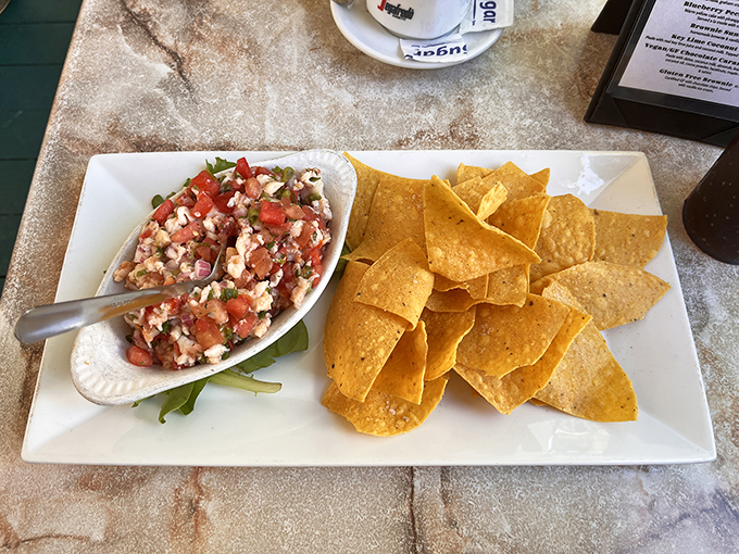 Fresh ceviche paired with golden tortilla chips &ndash; the ocean's finest ingredients having a party on a plate that disappears faster than vacation days.