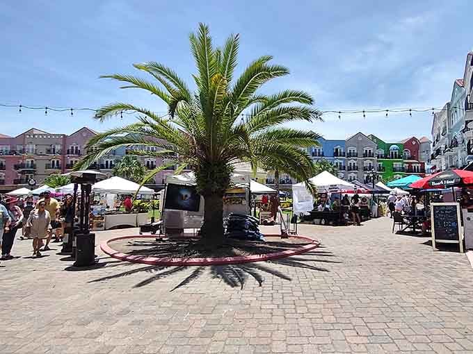 Palm trees and European facades create an impossible combination that somehow works perfectly, like pineapple on pizza but less controversial.