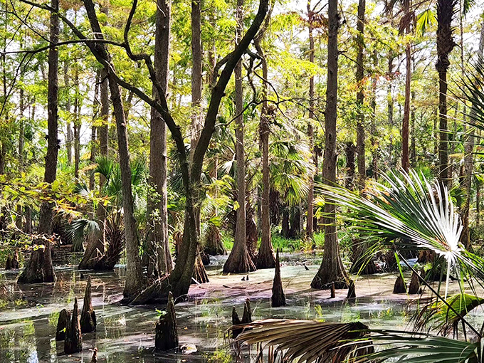 Cypress sentinels stand guard in shallow waters, their knobby knees poking up like they're playing a perpetual game of peek-a-boo.