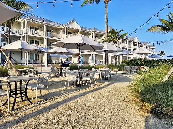 Isla Bella's beachfront pool sparkles in the Florida Keys sunshine, with comfortable loungers perfect for soaking up tropical rays.