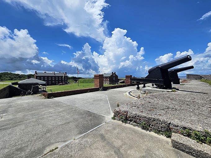 Massive cannons point seaward, silent guardians that once protected Florida's coast from potential invaders centuries ago.