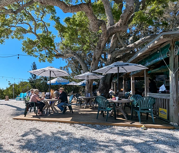 Green chairs and umbrellas dot the sandy outdoor area at Miss Vicki's, where massive oaks provide shade for riverside dining.