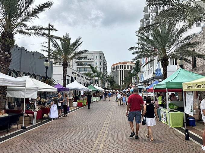 Shoppers stroll through Sarasota's downtown market, where palm-lined streets provide a beautiful backdrop for this producer-only market tradition.