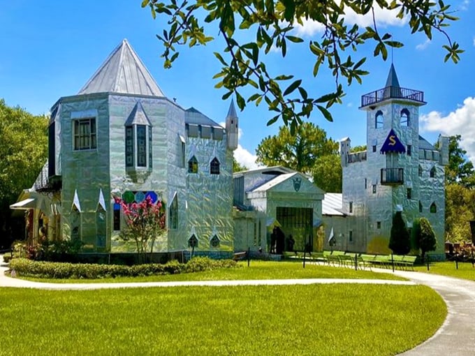 This whimsical silver castle rises unexpectedly from rural Florida, its towers and turrets showcasing one man's extraordinary artistic vision and sense of humor.