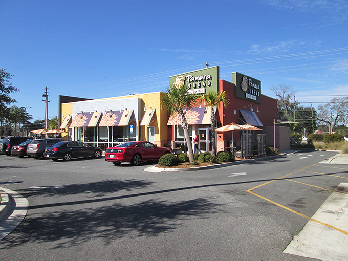 Even chain restaurants like Panera get the Florida treatment, with palm trees and colorful awnings making everyday dining feel like a mini-vacation.