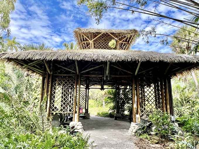The Bamboo Pavilion offers shade and style, proving that functional spaces can also be absolutely gorgeous when someone actually tries.