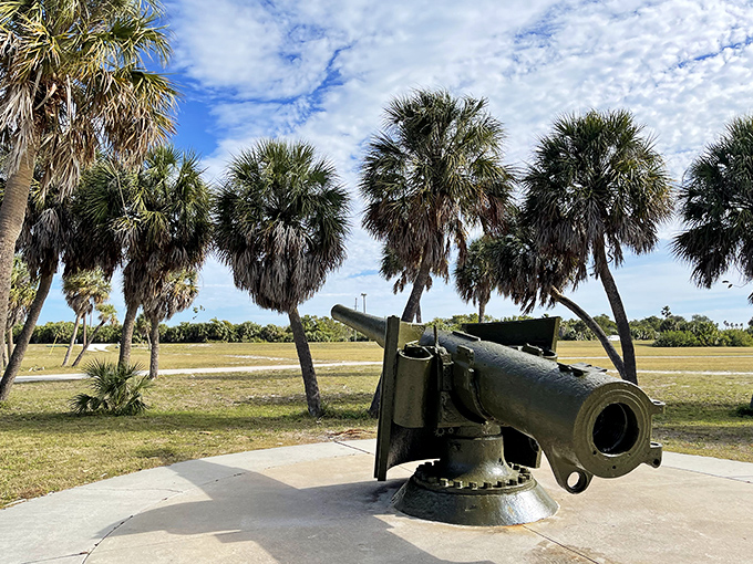 Cannon: Silent now but once mighty, this artillery piece stands guard among swaying palms, a metal sentinel from another era.